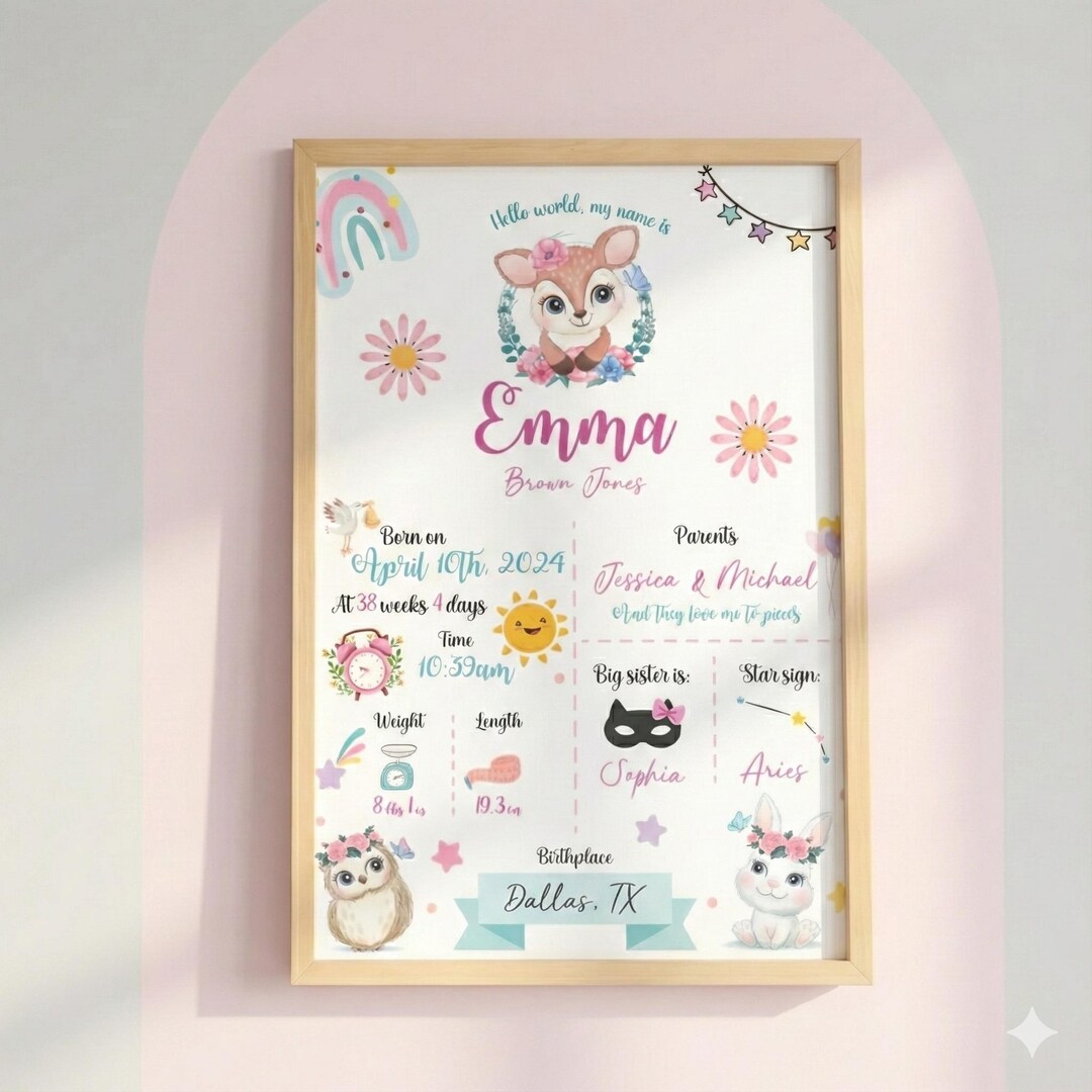 Personalized Birth Stats Print, Woodland Deer Nursery Decor, the Day ...