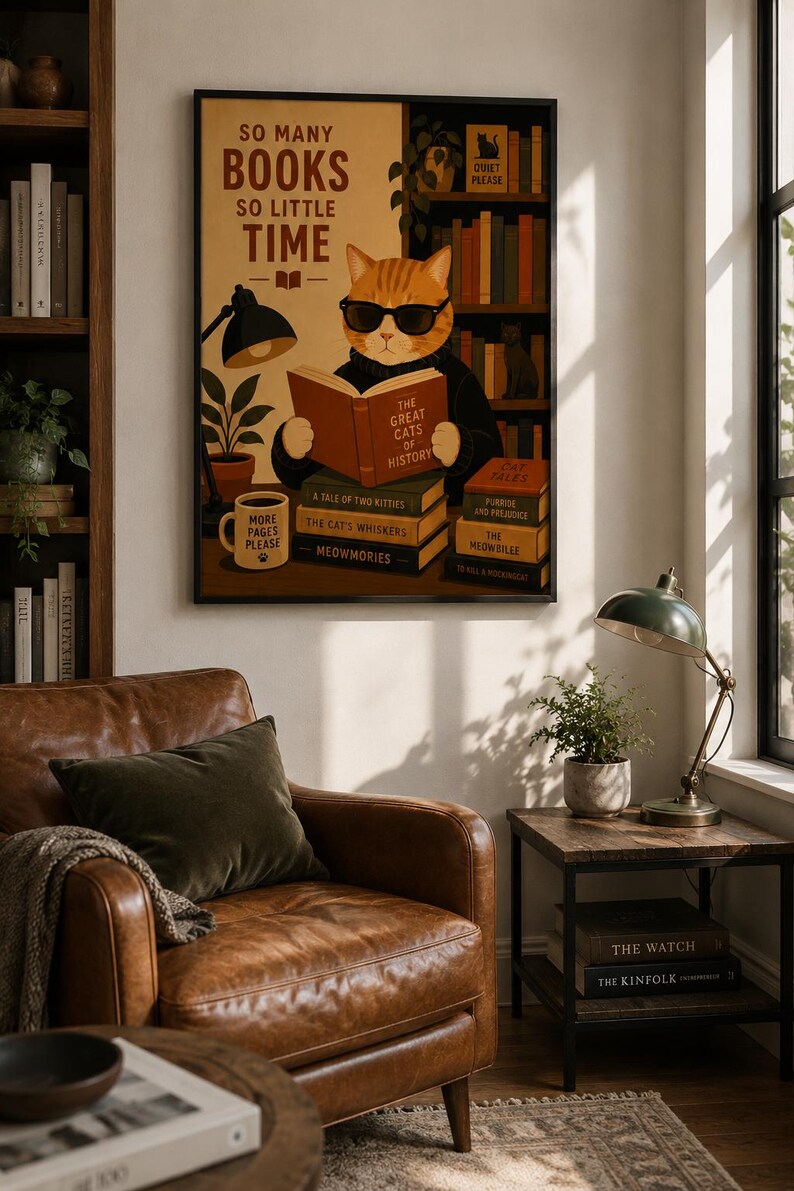 Funny Cat Reading Poster, Quirky Book Lover Wall Art, Humorous Library ...
