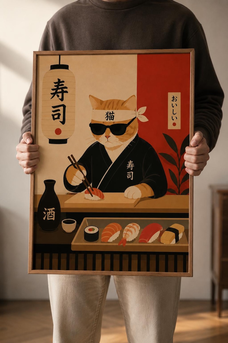 Sushi Cat Chef Art Print | Japanese Food Illustration, Kitchen Decor ...