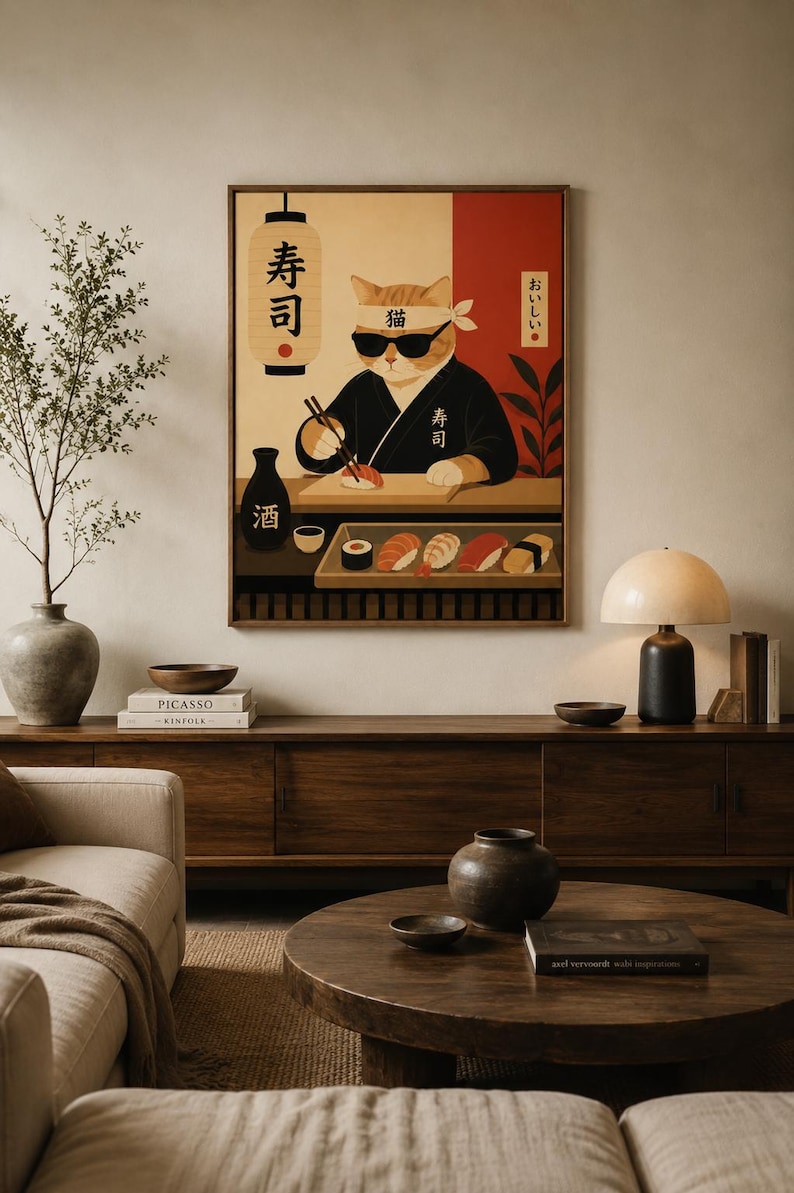Sushi Cat Chef Art Print | Japanese Food Illustration, Kitchen Decor ...