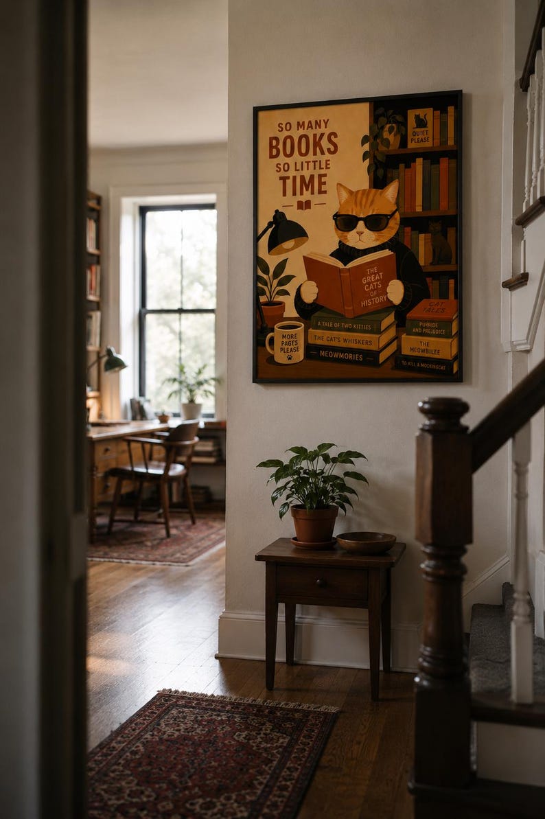 Funny Cat Reading Poster, Quirky Book Lover Wall Art, Humorous Library ...