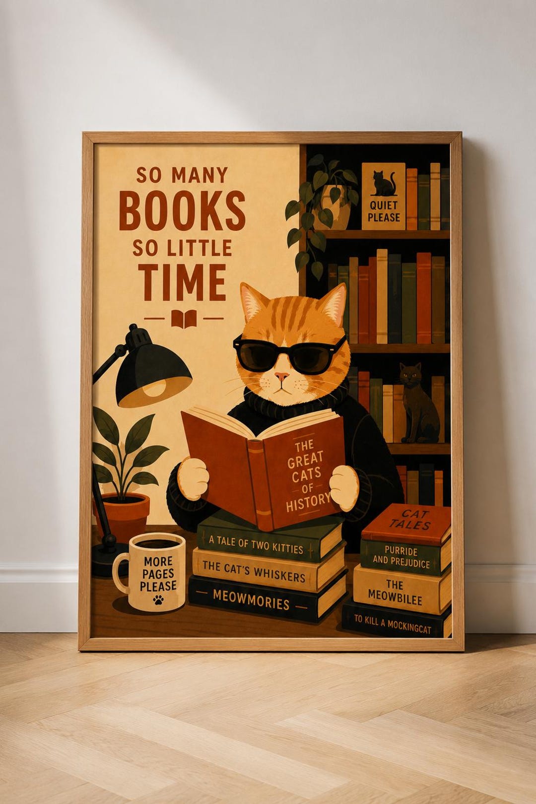 Funny Cat Reading Poster, Quirky Book Lover Wall Art, Humorous Library ...