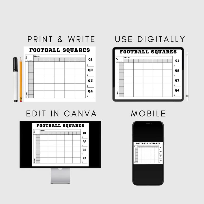 Editable Football Squares | 100 Square Football Grid | Football ...