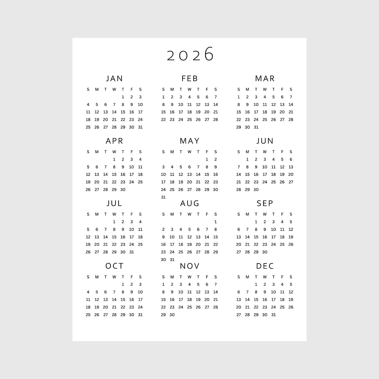 2026 Year at a Glance Calendar Printable | Full Year One Page | A4, A3 ...