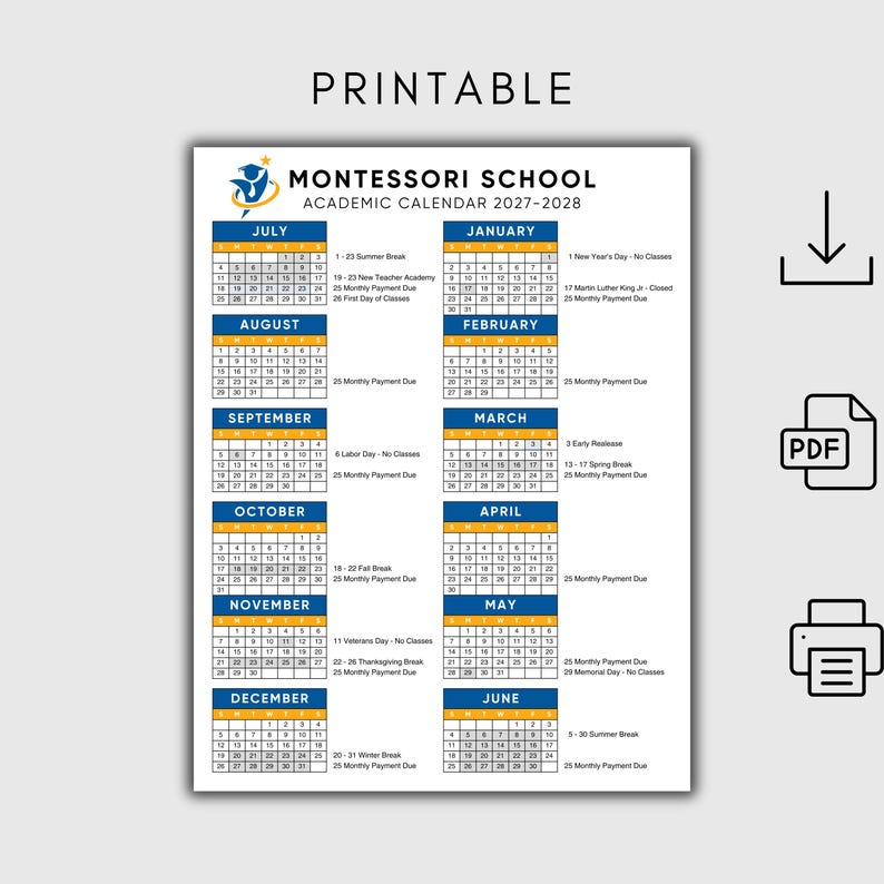 Montessori School Calendar 2027-2028 | Canva Template | Digital ...