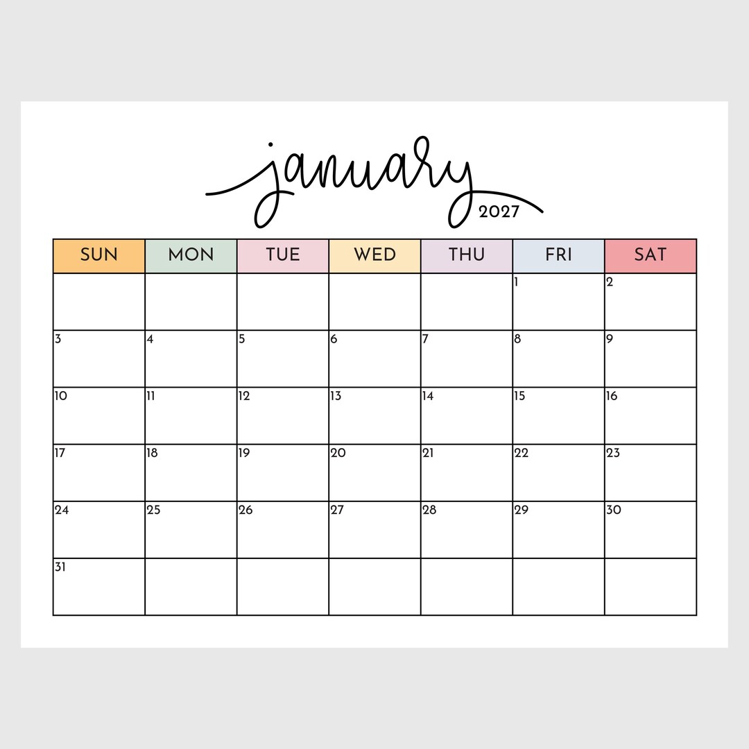 2027 Calendar Printable, Monthly Planner Landscape, Minimal Monthly ...