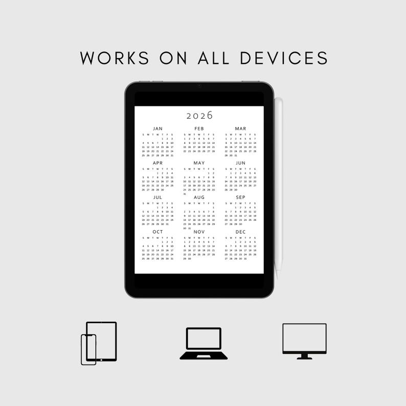 2026 Year at a Glance Calendar Printable | Full Year One Page | A4, A3 ...