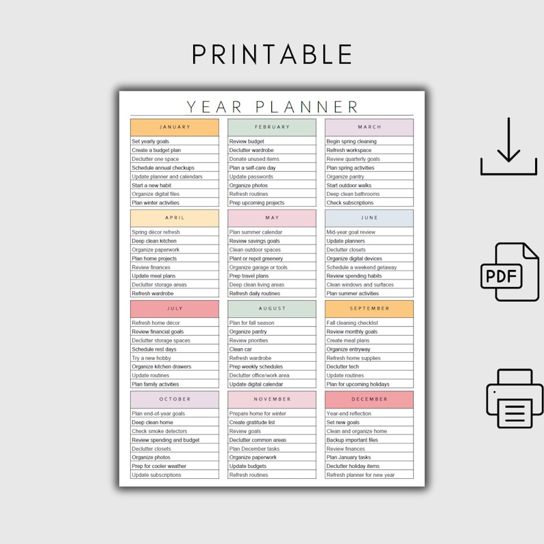 Editable Yearly Planner, Printable Yearly Overview on One Page, Year at ...