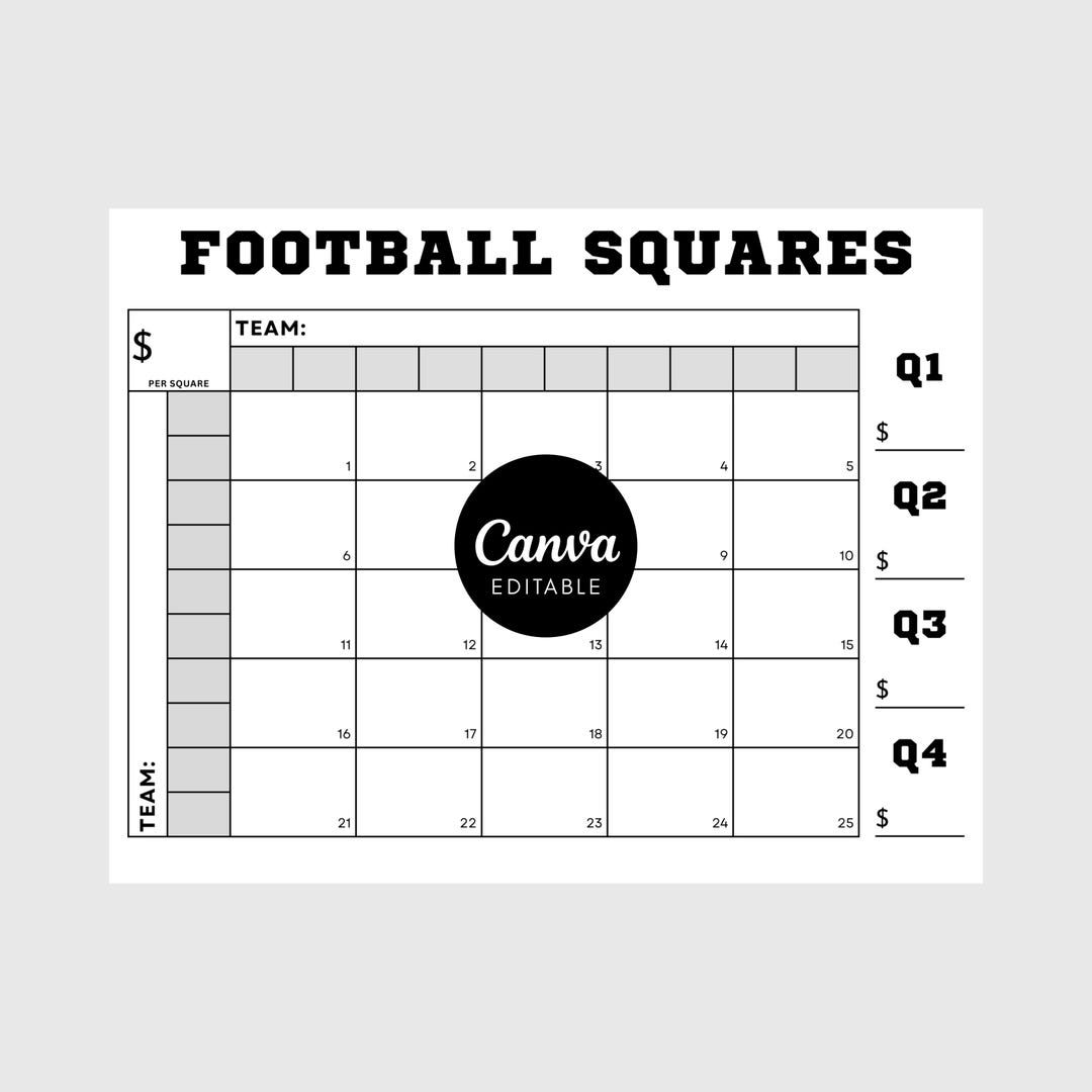 Editable Football Squares | 100 Square Football Grid | Football ...