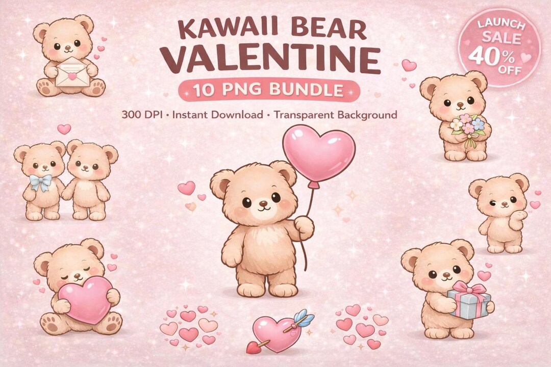 Valentine Clipart Bundle, Kawaii Bear PNG Sublimation Design, Teddy ...