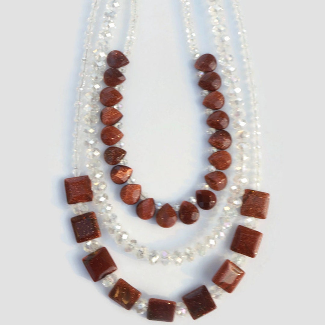 Three Strand Goldstone and Crystal Necklace, Multi Strand Goldstone ...