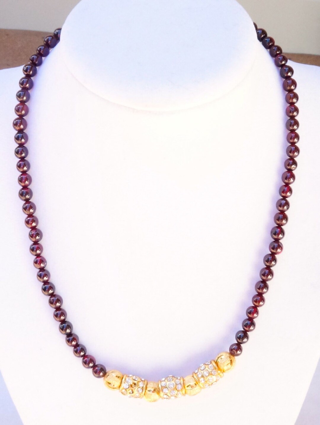 16 Inches Garnet Necklace With Gold Beads and Rhinestone Beads in the ...