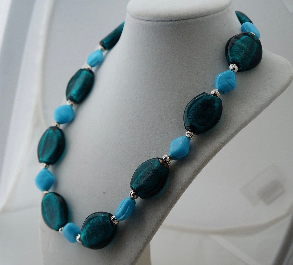 Blue Glass Bead Necklace Set, Bright Blue Necklace, Royal Blue Necklace ...