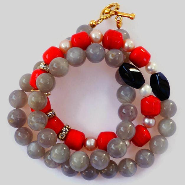 Buy Chunky Red Coral Necklace With Agate Onyx Pearls and Online in ...