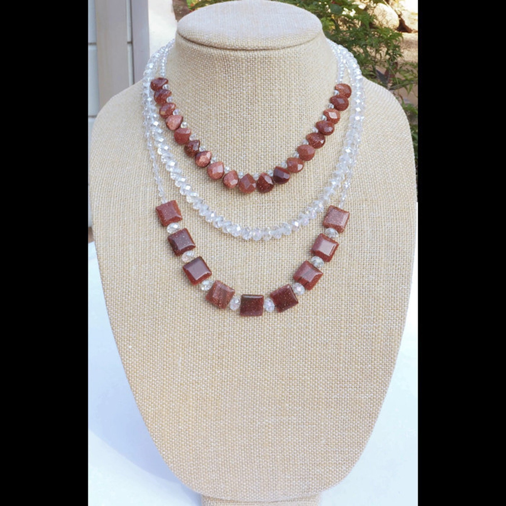 Three Strand Goldstone and Crystal Necklace, Multi Strand Goldstone ...