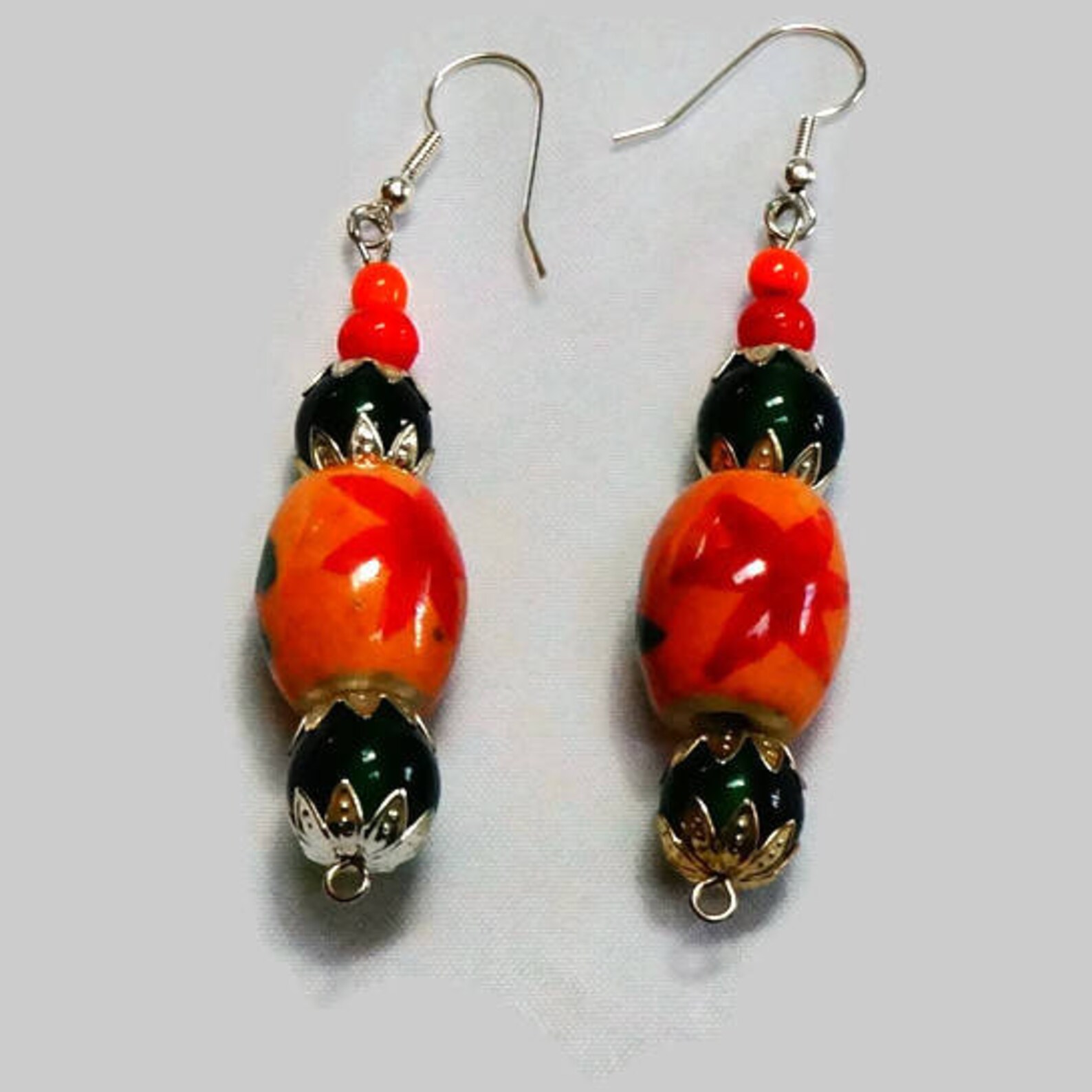 Ellipse Oval Shaped Beaded Earrings Orange and Green Bead - Etsy India