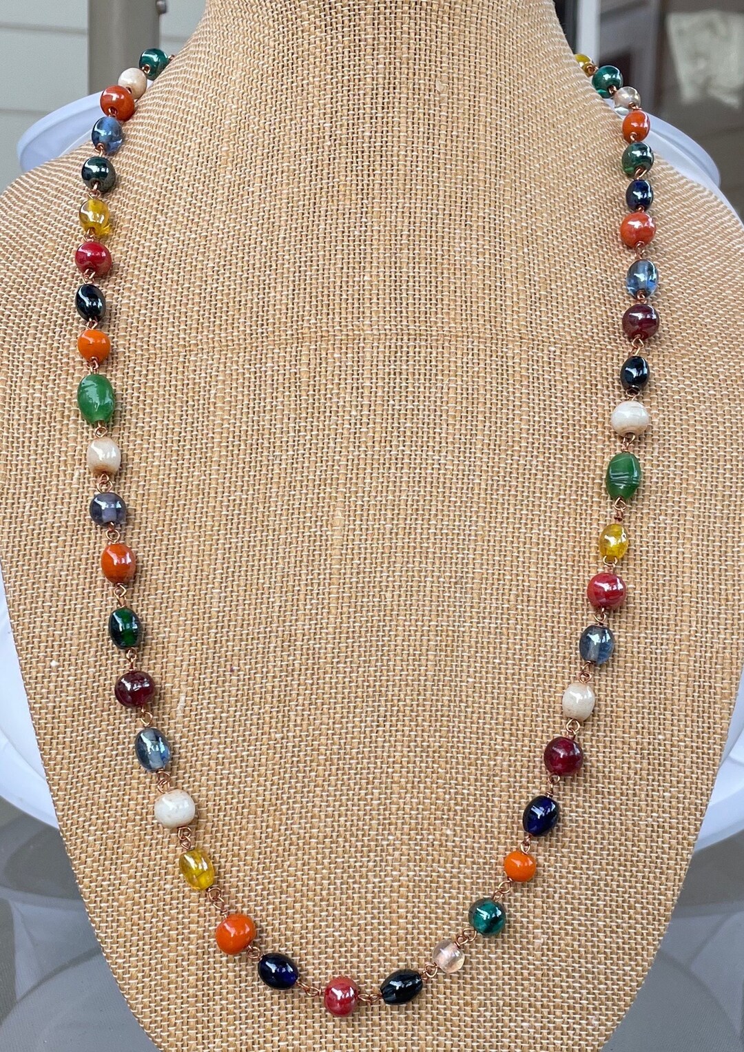 Wire Wrapped Multi Color Bead Necklace, Continuous Necklace, Glass Bead ...