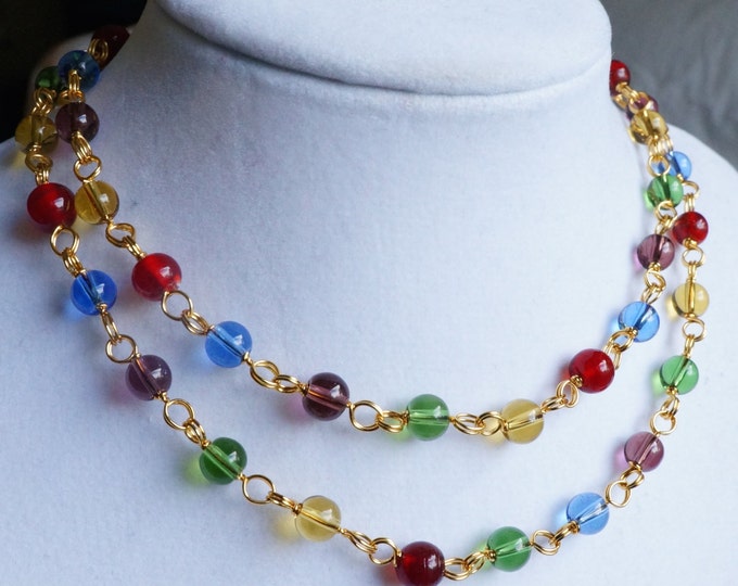 Wire Wrapped Multi Color Bead Necklace / Multi Color Glass Bead ...