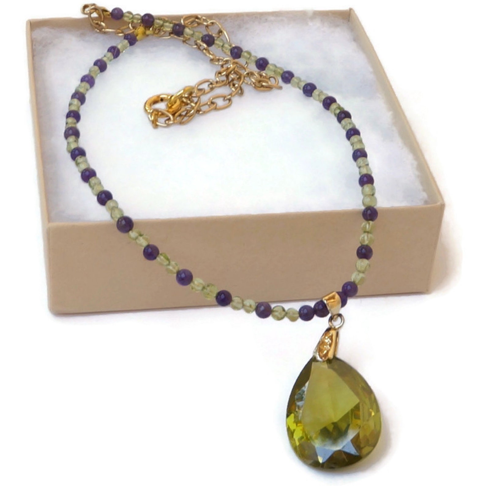Buy Peridot CZ Pendant Necklace, Amethyst and Peridot Beads, Cubic ...