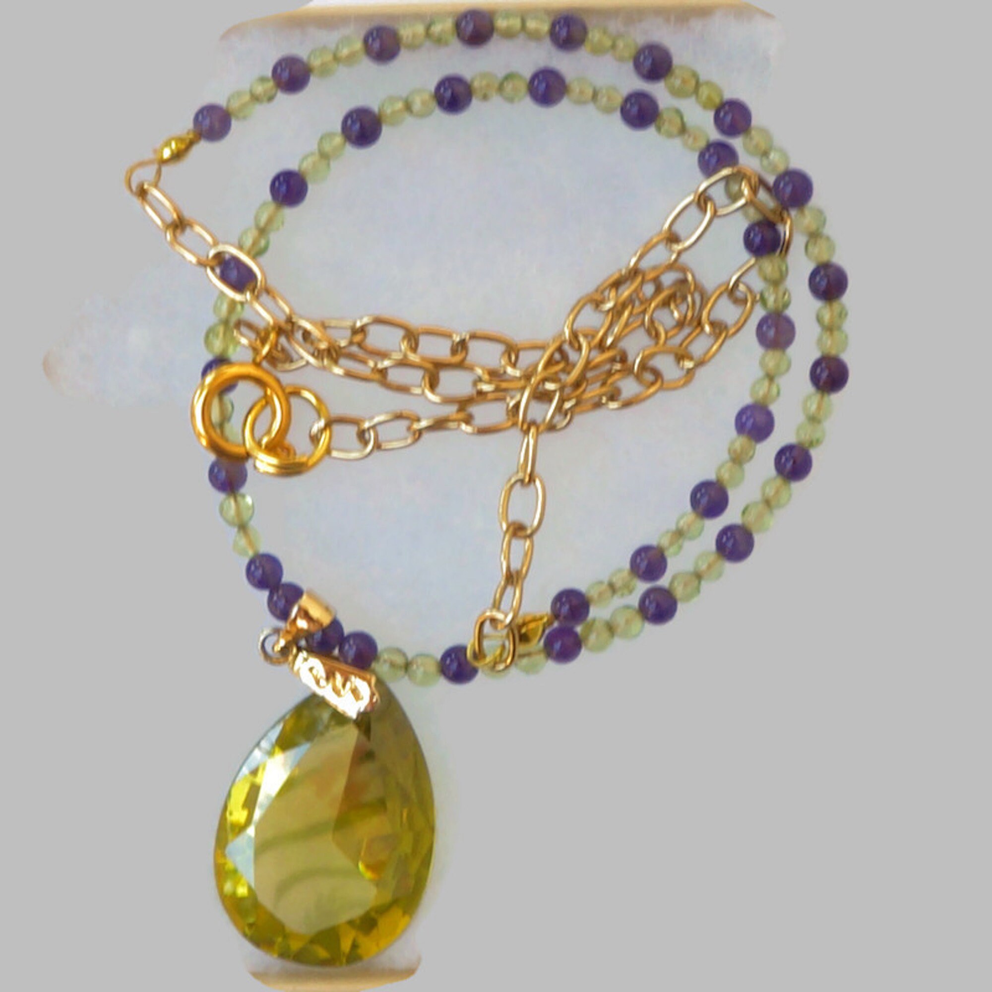 Buy Peridot CZ Pendant Necklace, Amethyst and Peridot Beads, Cubic ...