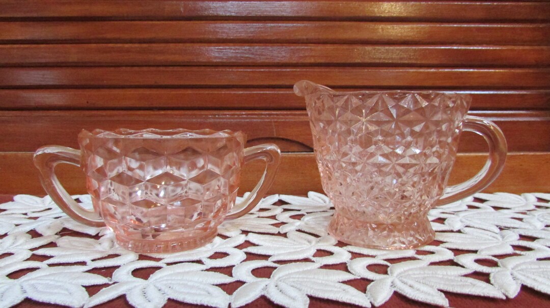 Pink Cut Glass Depression Glass Sugar and Creamer Pitcher Jeanette ...