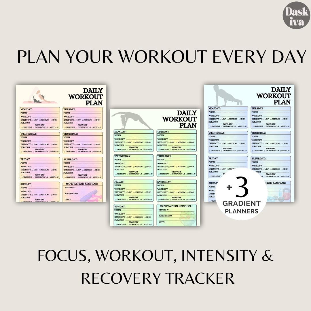 Gradient Workout Planner Pack – 3 Colorful Pdfs With Recovery Trackers ...