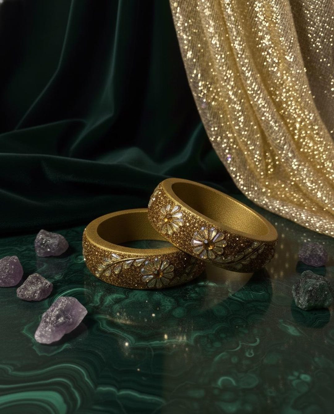 Handcrafted Gold Floral Lac Bangles – Indian Crystal Jewelry, Set of 2 ...