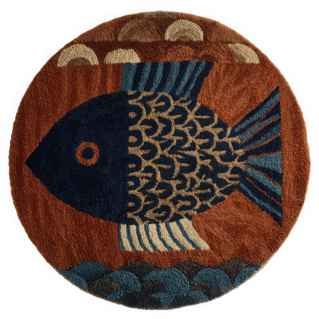 Hand Tufted Fish Wool Rug - Blue & Terracotta Nautical Circle Area Rug ...
