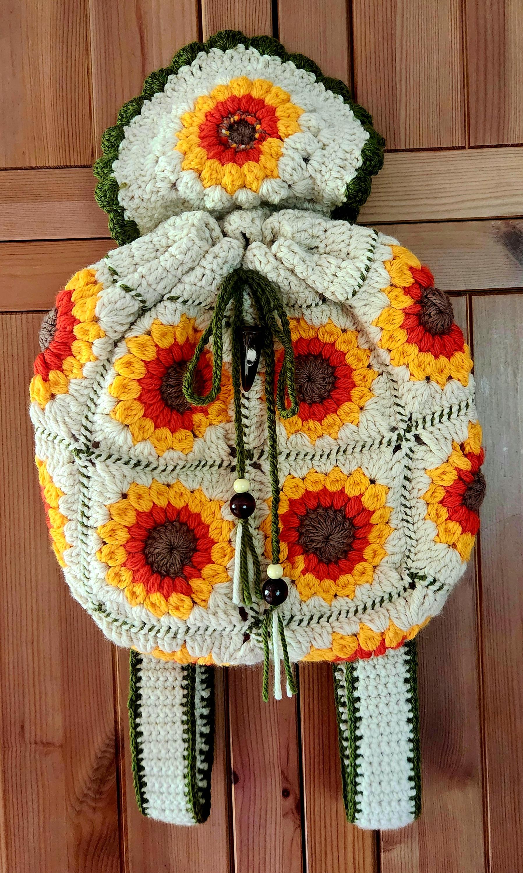 Crochet Sunflower Sunburst Granny Square Boho Drawstring Bag. Book Bag ...