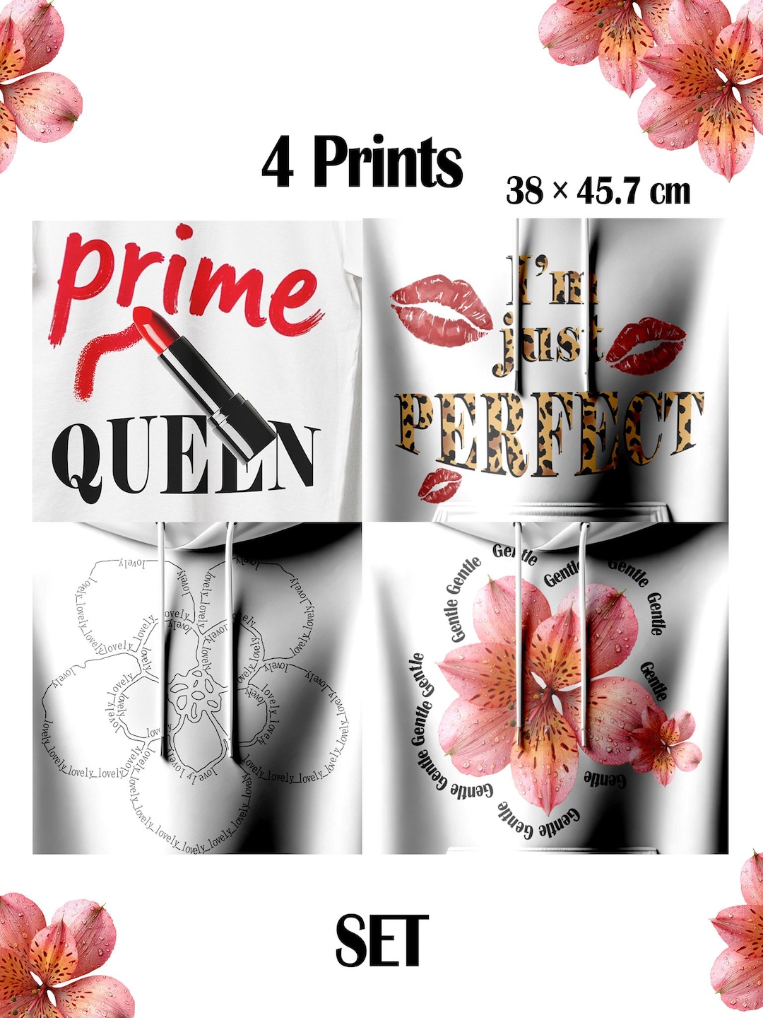 Feminine T-shirt Print Set | Queen & Prime Lips Designs | 4 Prints, 38× ...