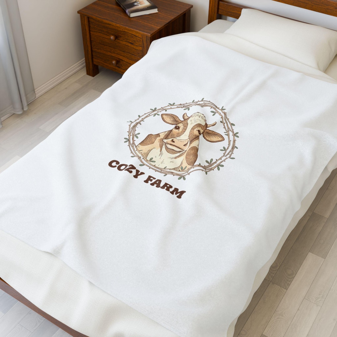 Cozy Farm Cow Illustration Velveteen Blanket | Cottagecore Winter ...