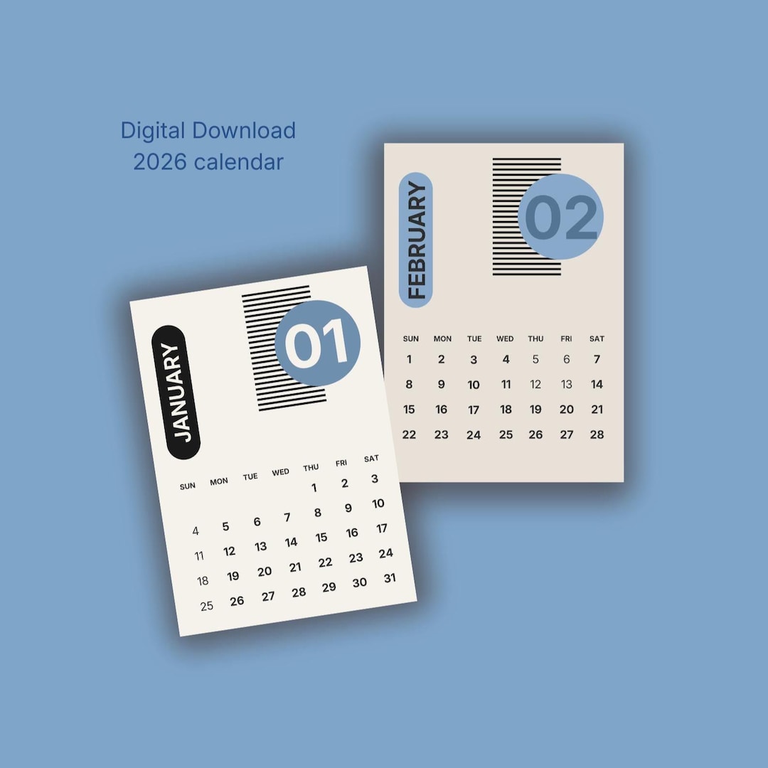 Modern Blau 2026 Druckbarer Kalender | Schlichter Wandkalender für ...
