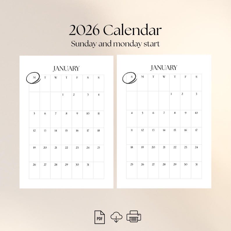 2026 Printable Wall Calendar A2 PDF Monthly Calendar Portrait Sunday ...