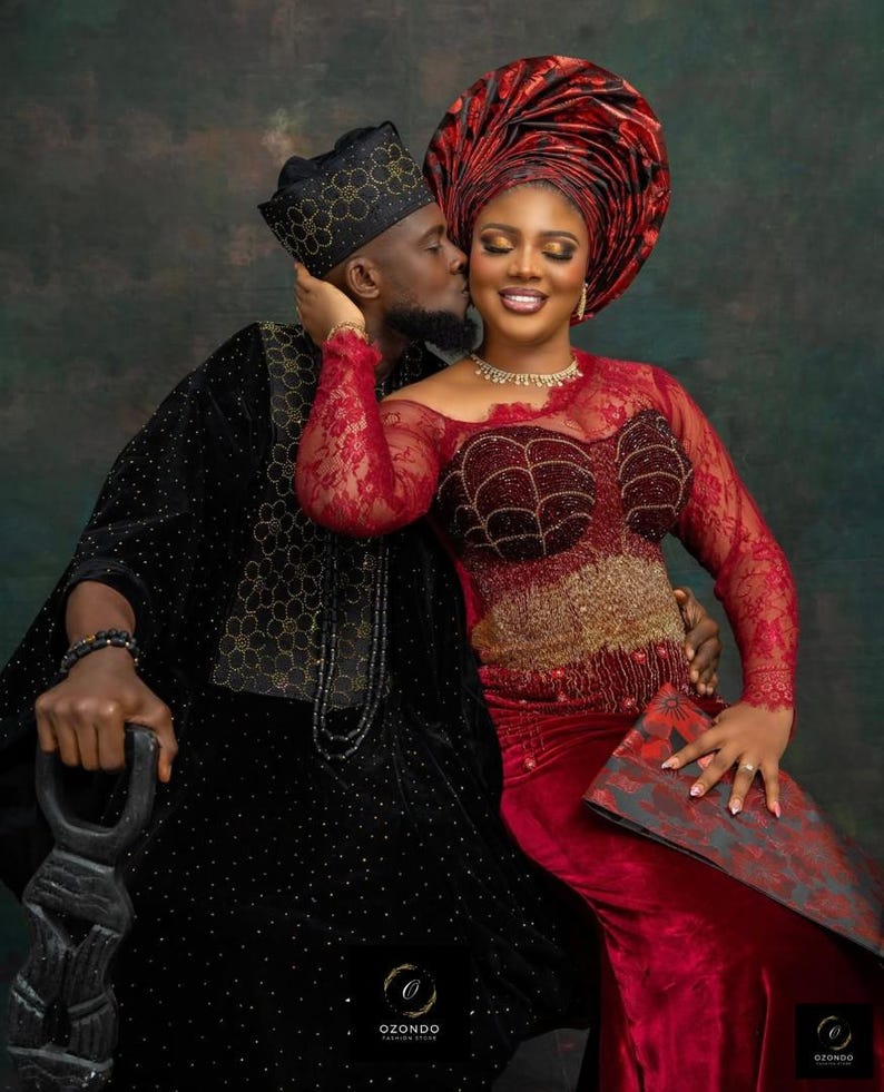 African Couples Traditional Outfit, Matching Aso Ebi Wear for Wedding ...