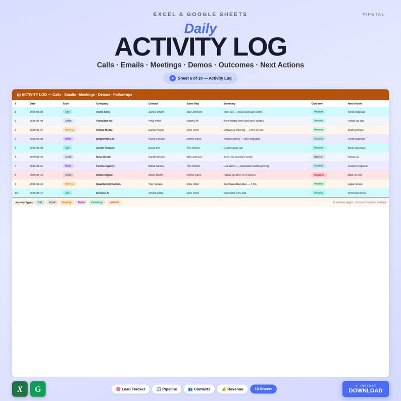 Sales CRM Tracker Template for Excel & Google Sheets | Lead Pipeline ...