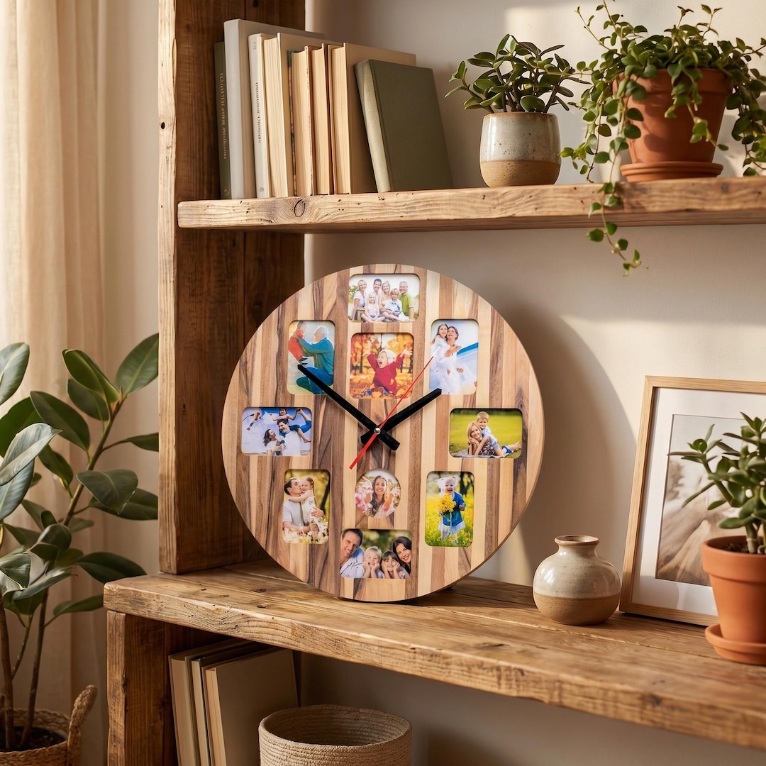 Custom Photo Wall Clock – Walnut Wood Family Memory Decor, Housewarming ...