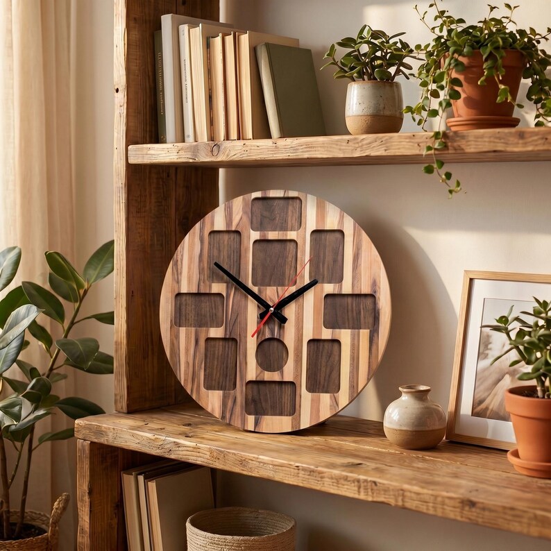 Custom Photo Wall Clock – Walnut Wood Family Memory Decor, Housewarming ...
