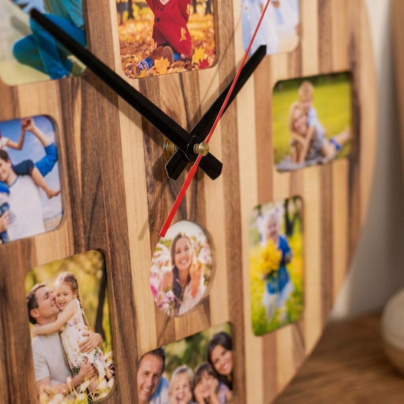 Custom Photo Wall Clock – Walnut Wood Family Memory Decor, Housewarming ...
