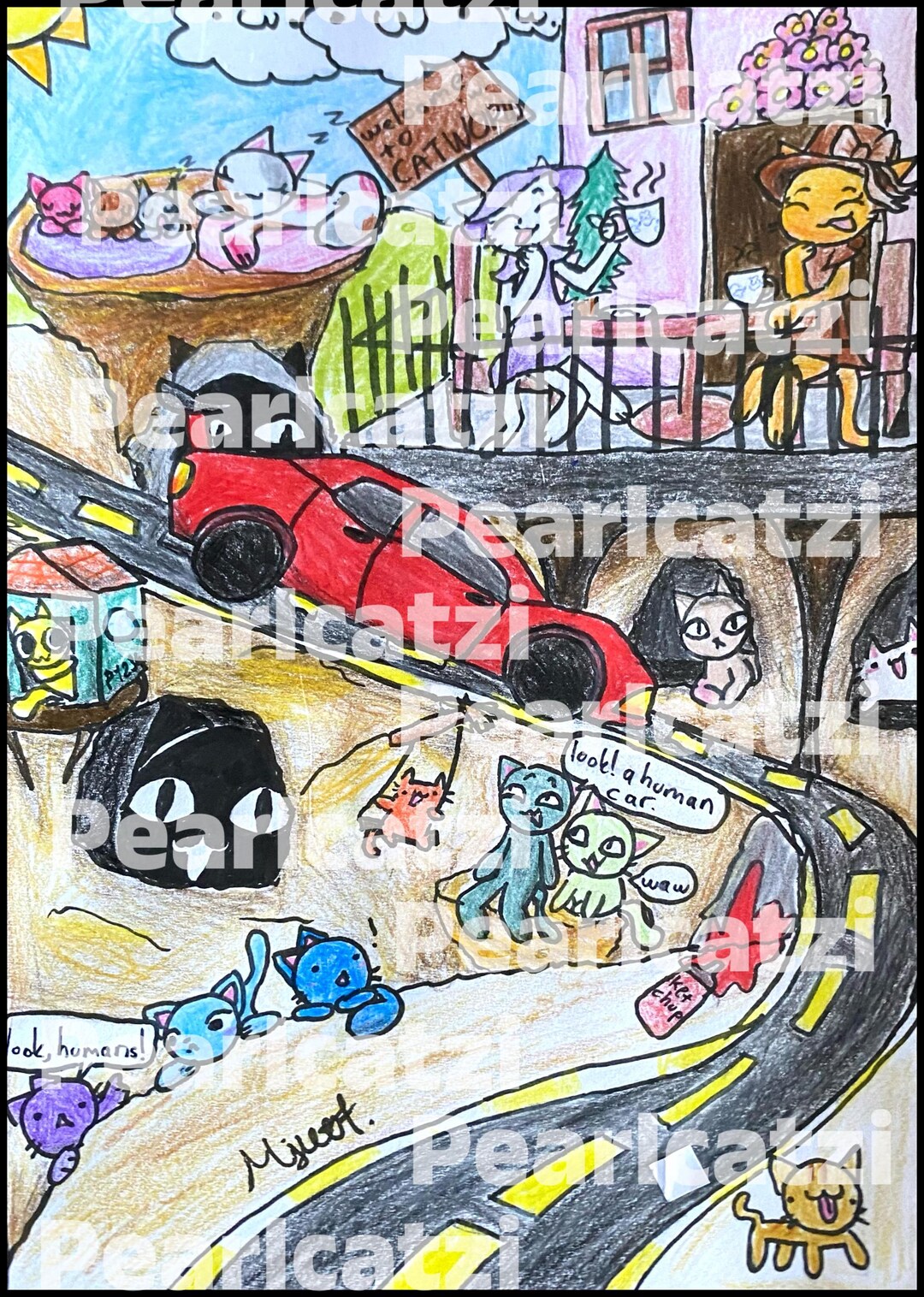 Look! Humans There. /cute Cat Miniature Drawing by Pearlcatzi - Etsy