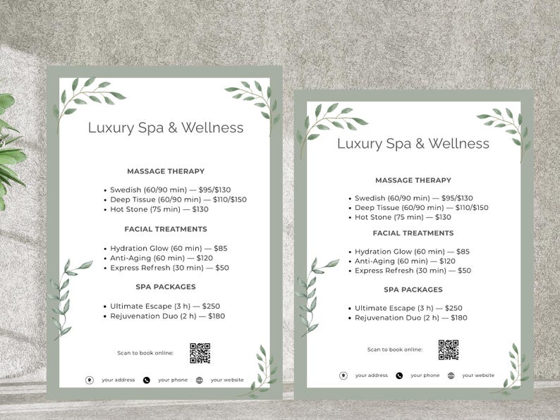 Editable Spa Price List Template Canva | A4 & US Letter Menu | Salon ...