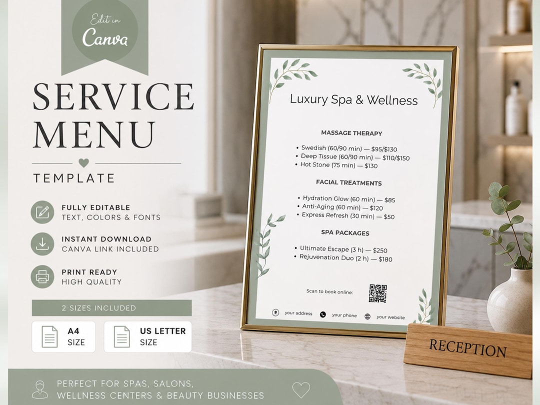 Editable Spa Price List Template Canva | A4 & US Letter Menu | Salon ...