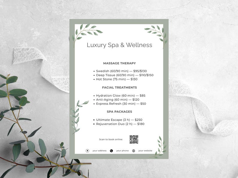 Editable Spa Price List Template Canva | A4 & US Letter Menu | Salon ...