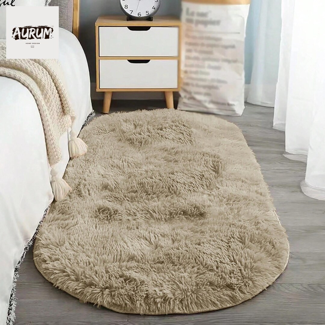 Soft Shaggy Ivory Rug, Plush Cream Oval Bedroom Rug, Cozy Minimal Floor ...
