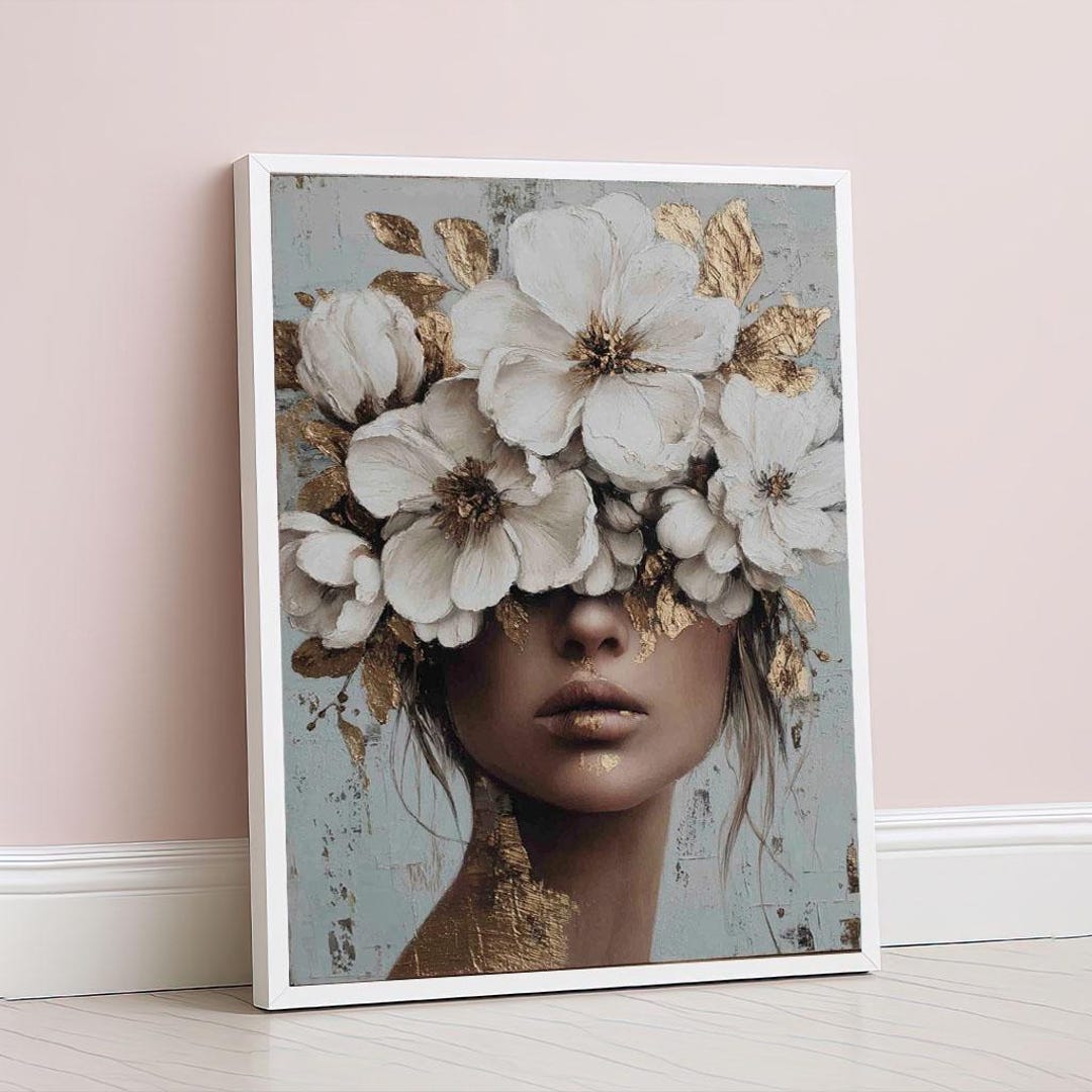 Elegant Floral Woman Portrait Canvas Wall Art Print Modern Bedroom Wall ...
