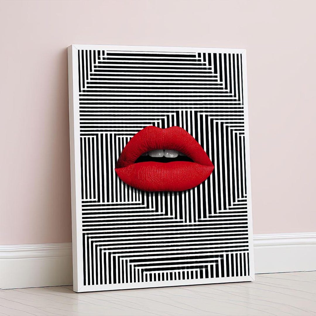 Bold Red Lips Optical Illusion Canvas Wall Art Print Modern Living Room ...
