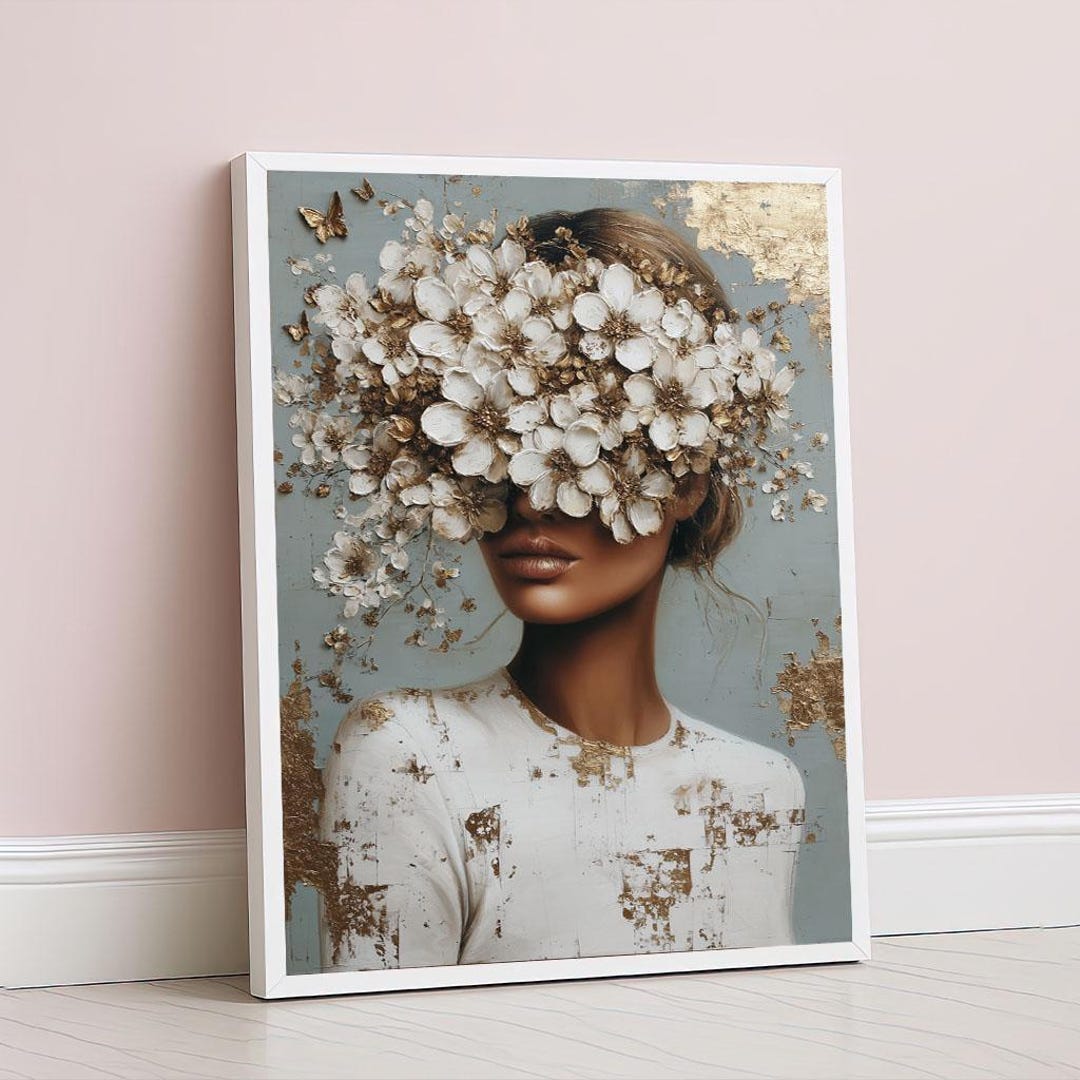 Elegant Floral Woman Portrait Canvas Wall Art Print Modern Living Room ...