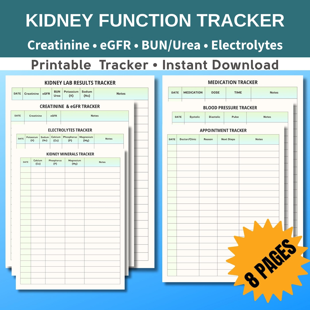 Kidney Function Tracker Printable | Creatinine Egfr BUN Urea Log ...