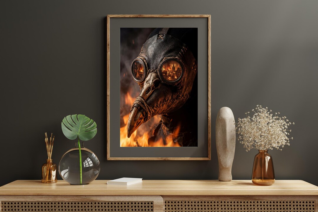 Plague Doctor Wall Art | Apocalyptic Mask Poster | Burning City Gothic ...