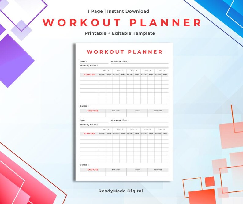 Workout Planner Printable, Daily Exercise Log, Fitness Tracker, Track ...