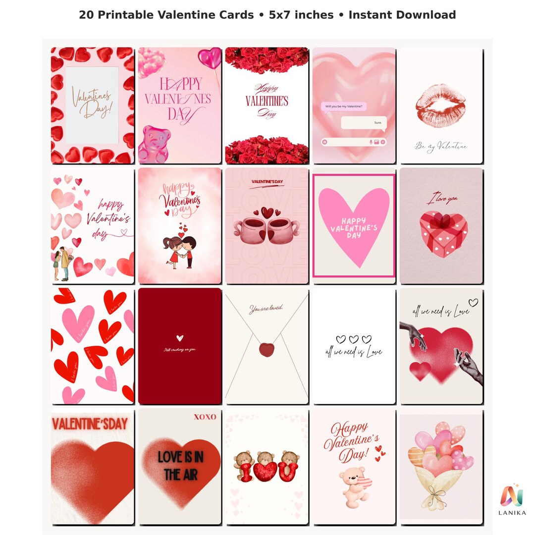 20 Printable Valentine Cards, 5x7 Inches, Instant Download, DIY Print ...